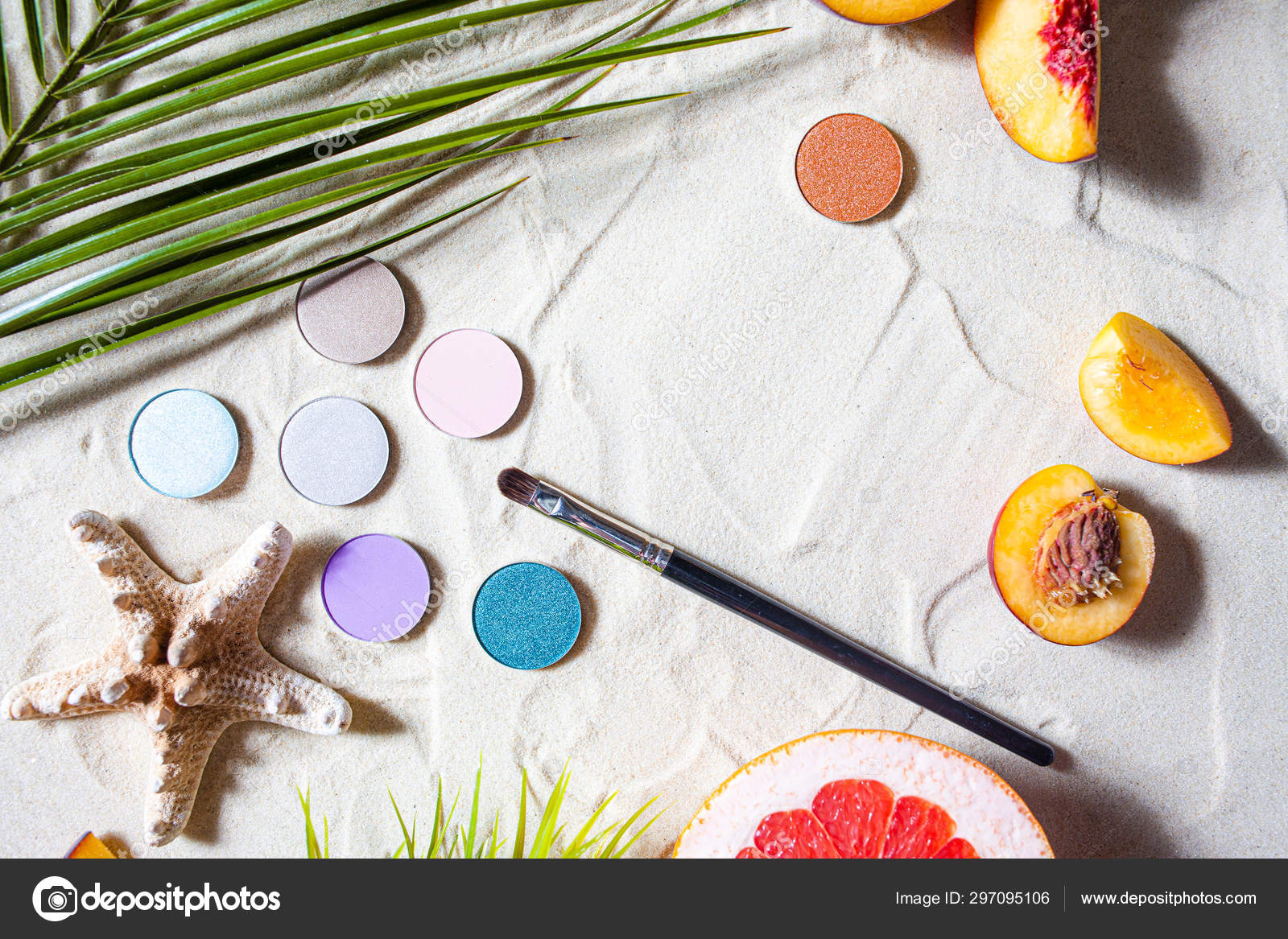 Charming beach. Round single shadows of different shades with fruits ...