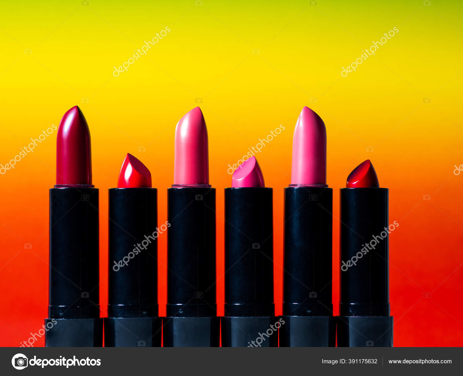 Set of six multi-colored lipsticks or lip glosses. set of makeup artist ...