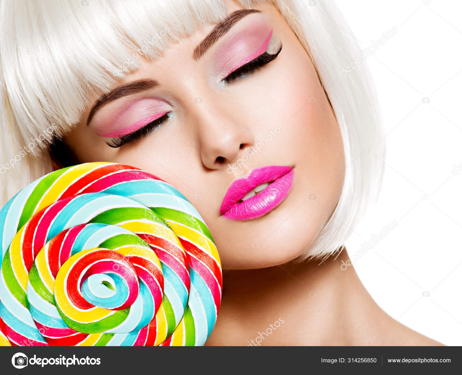 Face Beautiful Girl Pink Eye Make Multicolor Sweet Candy Fashion Stock ...