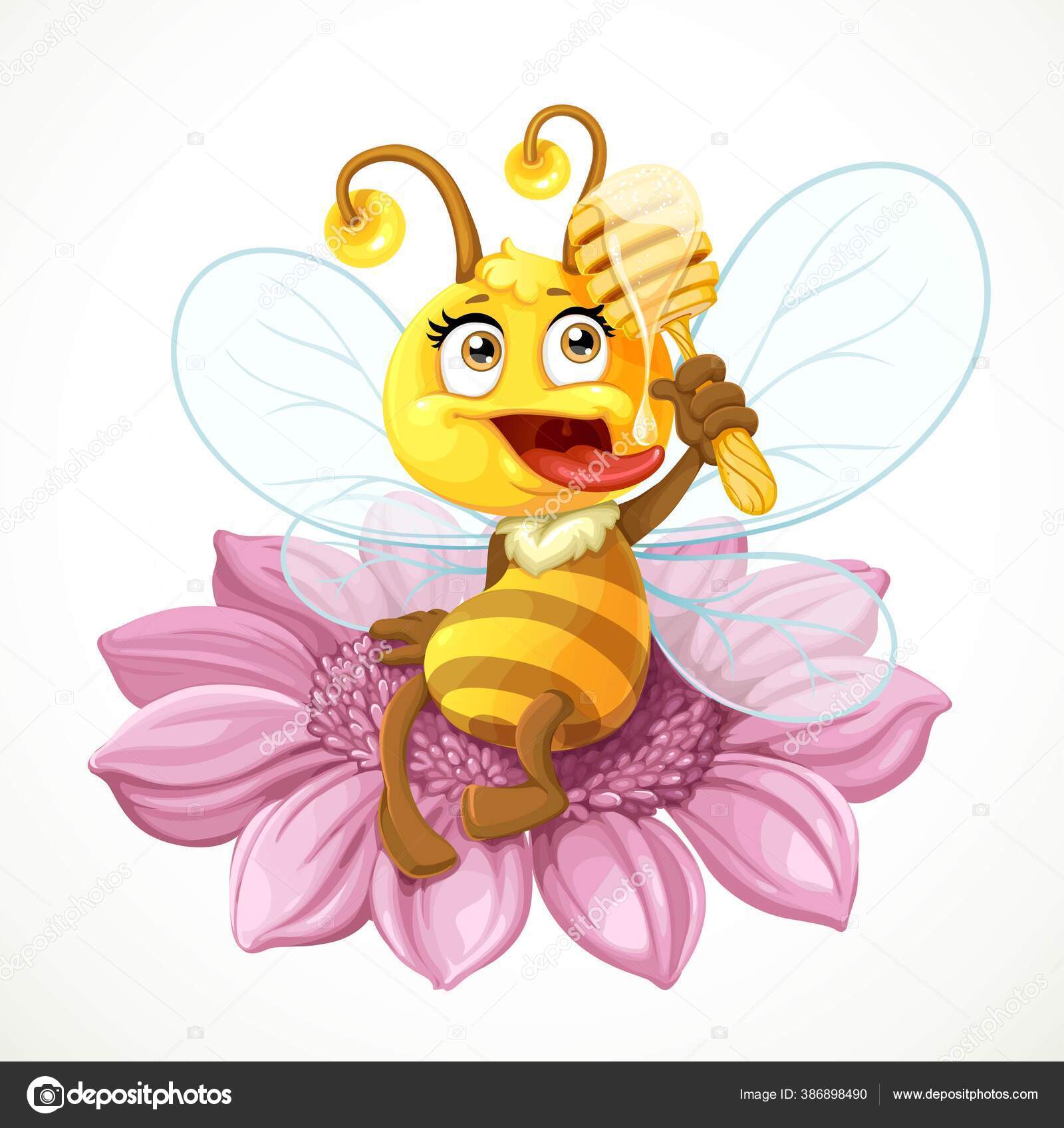 Linda Abeja Sentada Una Flor Rosa Come Miel Con Una Vector de stock por ...