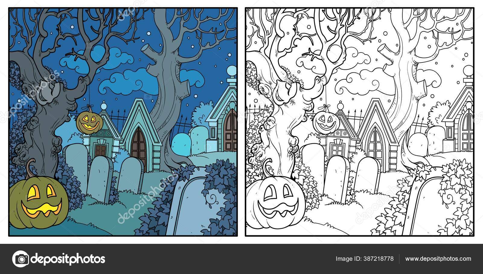 Halloween Background Cemetery Crypts Halloween Pumpkins Color Outlined ...