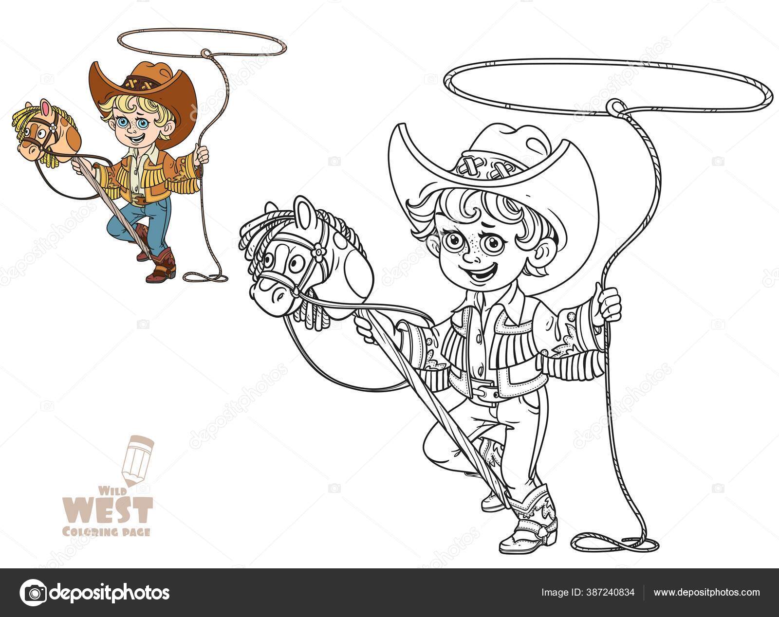 Sød Lille Dreng Leger Med Hest Pind Lasso Farveside Hvid Stock-vektor ...