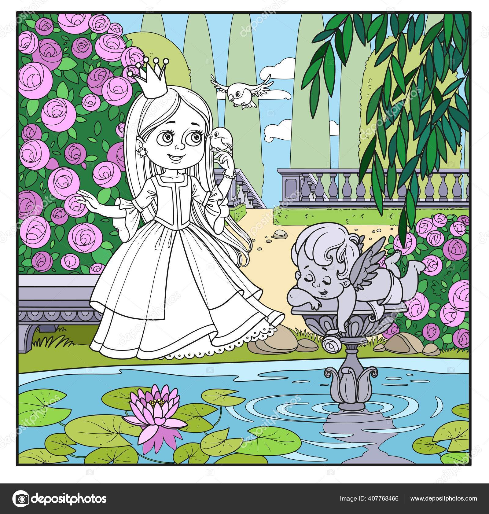 Cute Cartoon Princess Sings Birds Palace Park Pond Sculpture Cupid ...