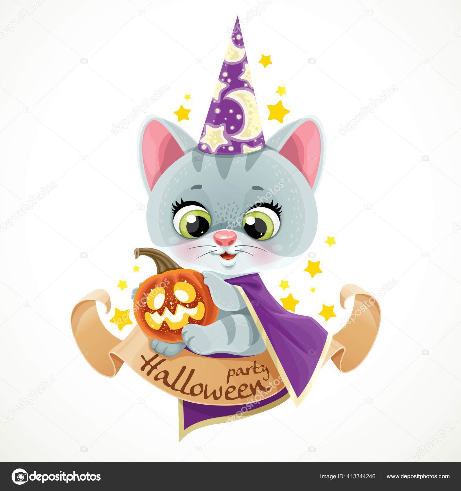 Cute Cartoon Baby Cat Wizard's Suit Sits Parchment Banner Hugging Stock ...