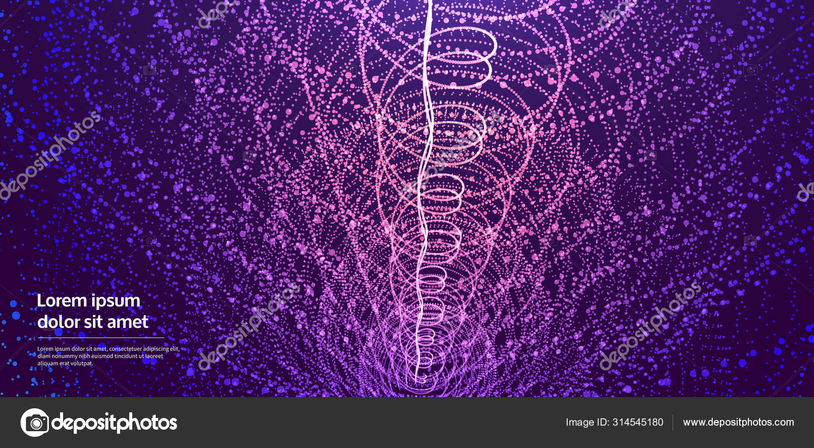 Array with dynamic particles. Swirl with connected dots. Abstract science or technology ...
