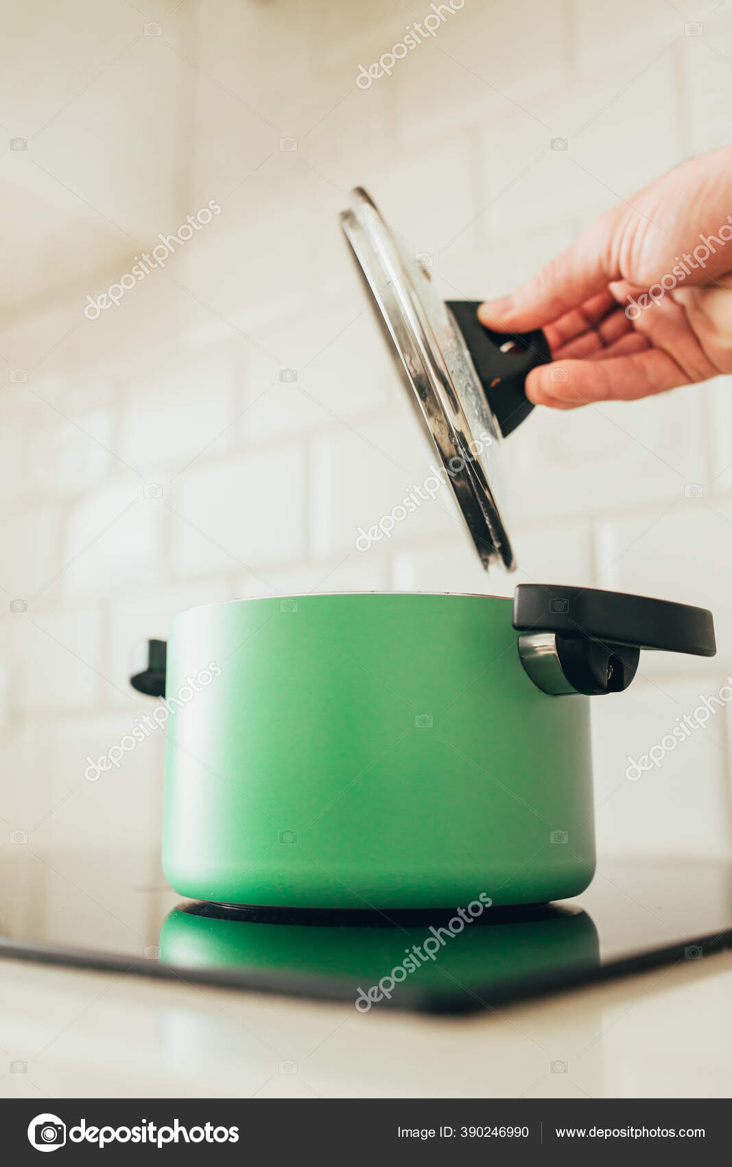 Green Pan Induction Cooker Hand Removes Lid — Stock Photo ...