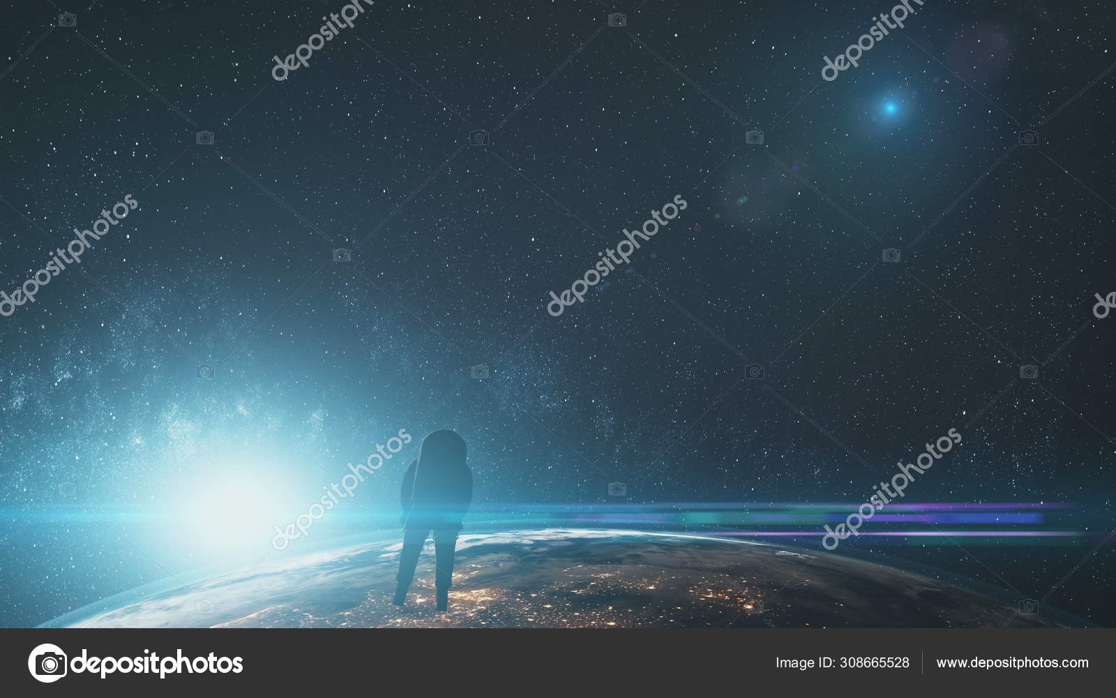 Computer graph spaceman silhouette flies over planet Earth — Stock ... Computer graph spaceman silhouette flies over planet Earth — Stock ...