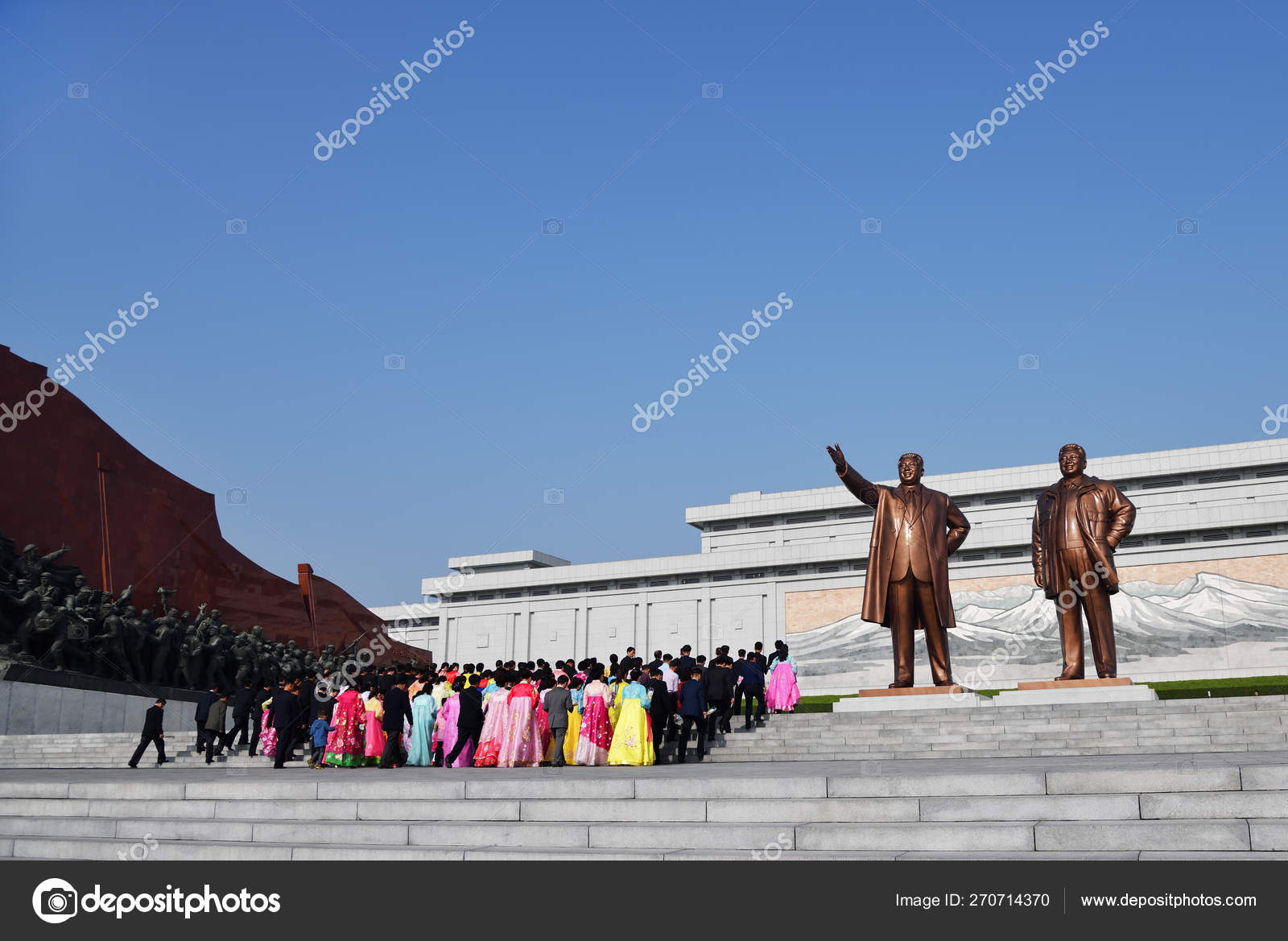 Pyongyang, North Korea. Bronze statue of Kim Il Sung and Kim Jon ...