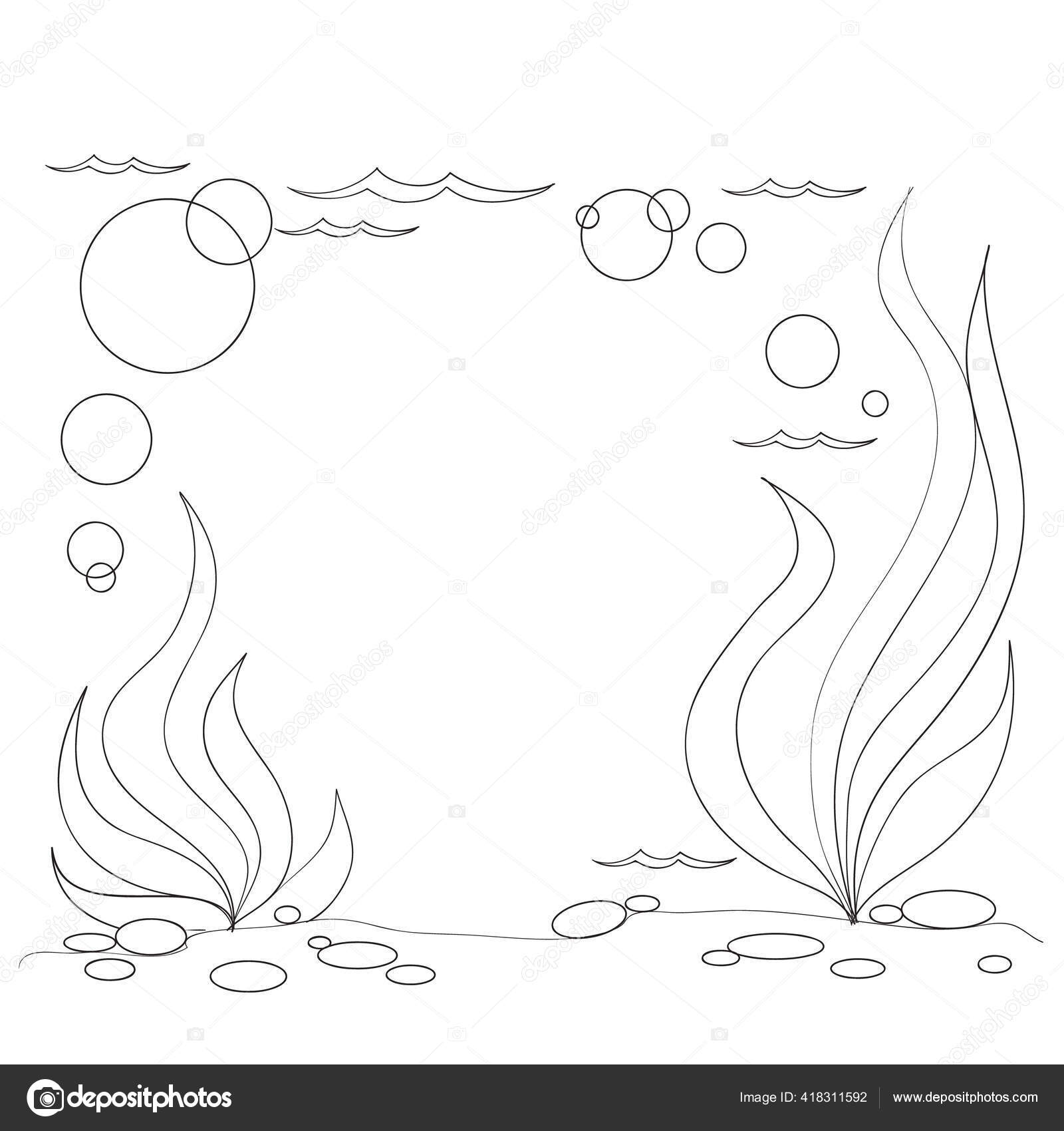 Sketsa Pemandangan Bawah Air Dengan Rumput Laut Buku Mewarnai Objek ...