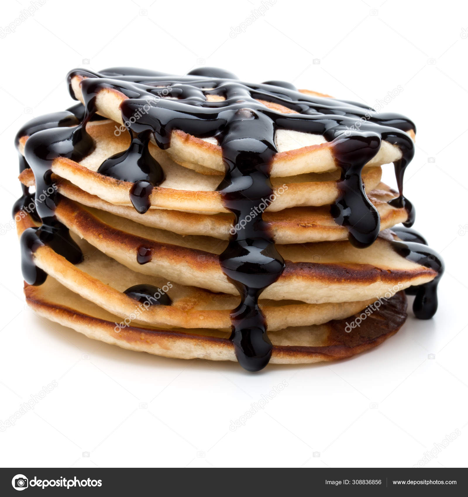 Pancakes stack with chocolate syrup on white background Stock Photo by ...