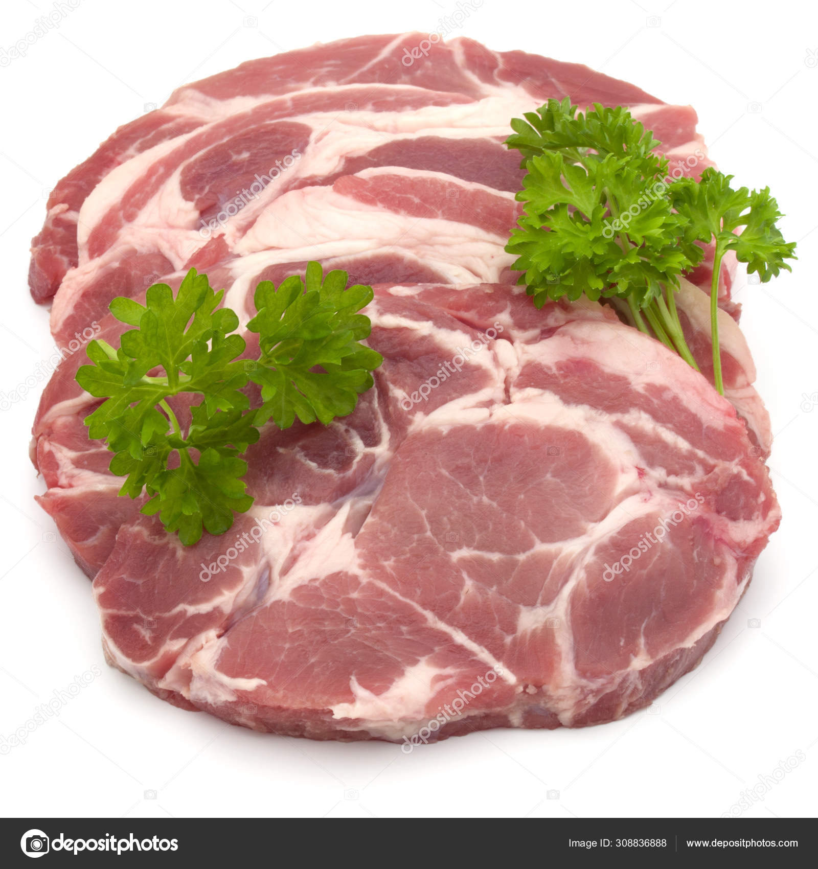 Raw pork neck chop meat with parsley herb leaves garnish isolate Stock ...