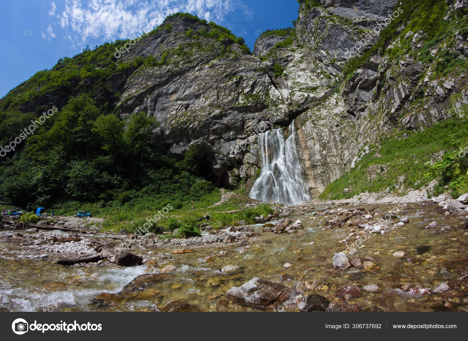Huge Gegsky waterfall flowing from the cliff. Abkhazia ⬇ Stock Photo ...