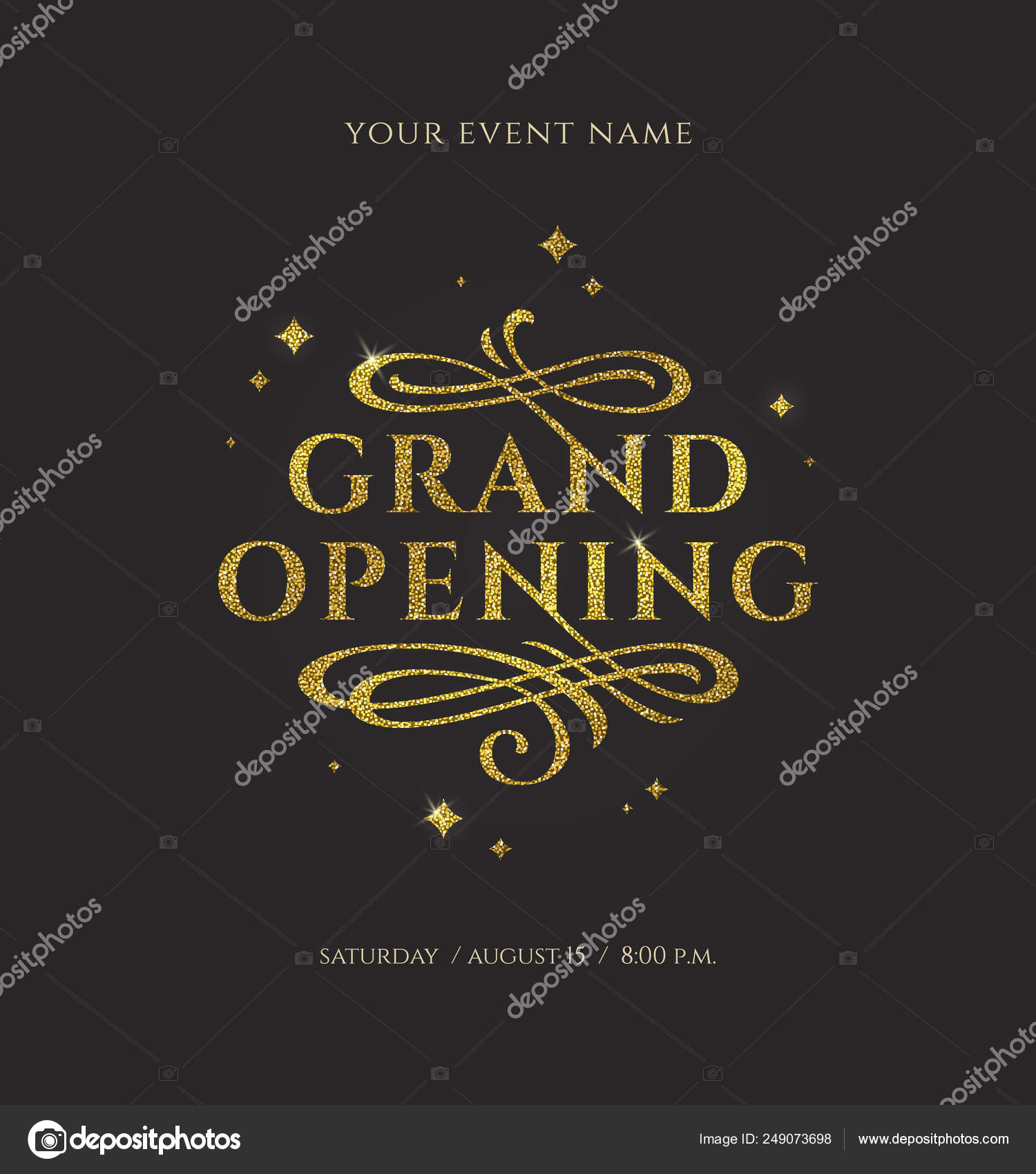Grand opening - glitter gold logo with flourishes ornamental elements ...