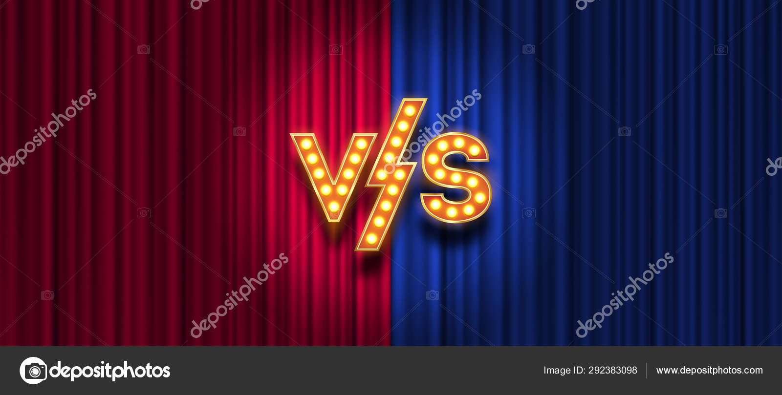 Lightbulbs letters versus logo on red and blue curtain background. VS ...