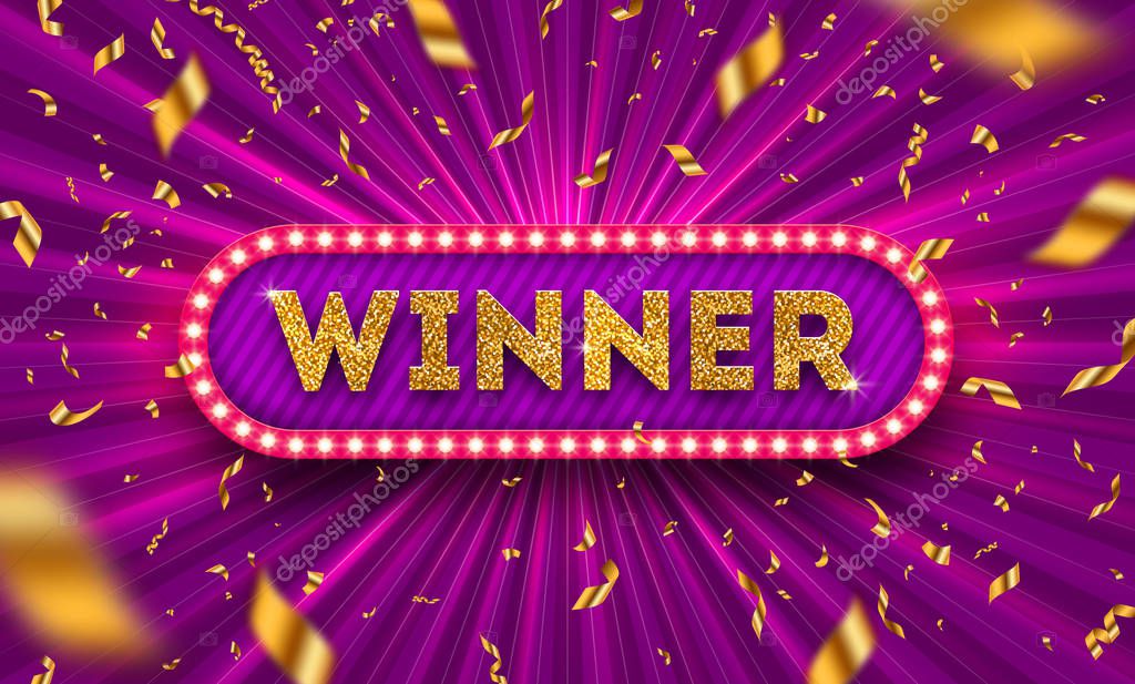 Ganador letrero retro y confeti lámina dorada contra un fondo de ...
