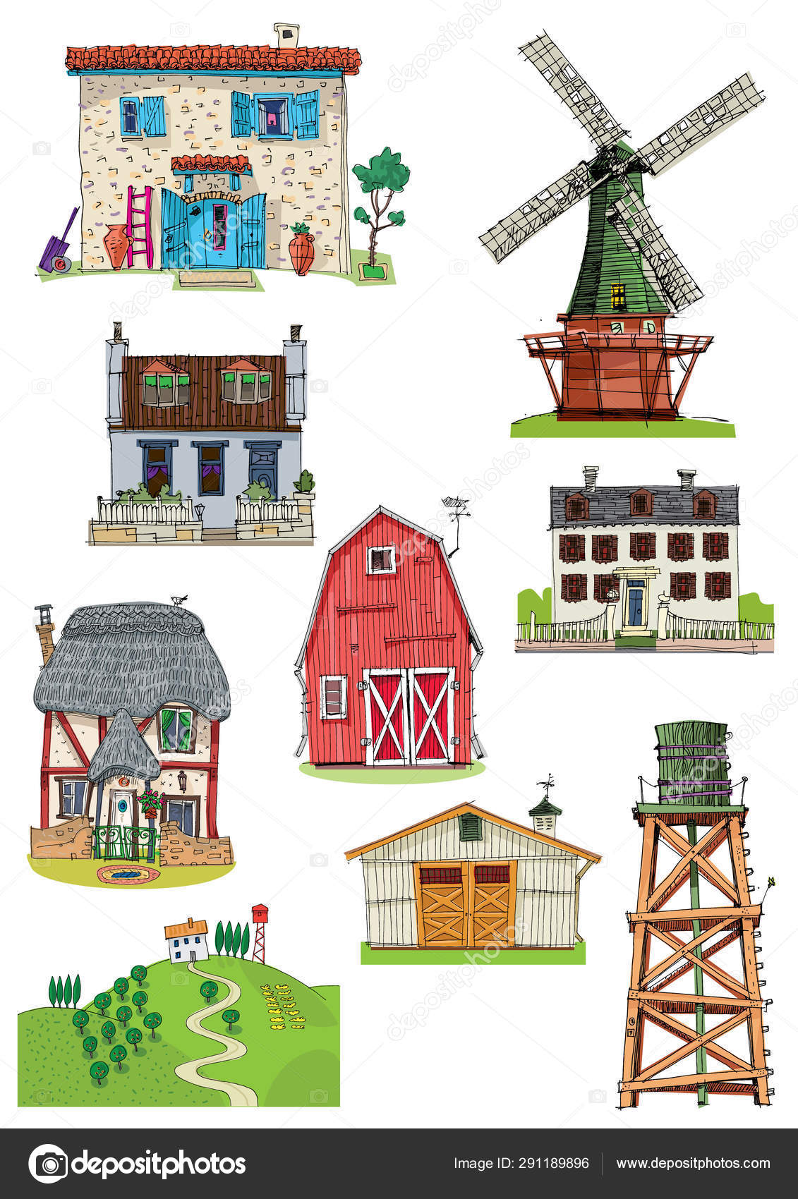 Set of different rural buildings. — Stock Vector © iralu1 #291189896