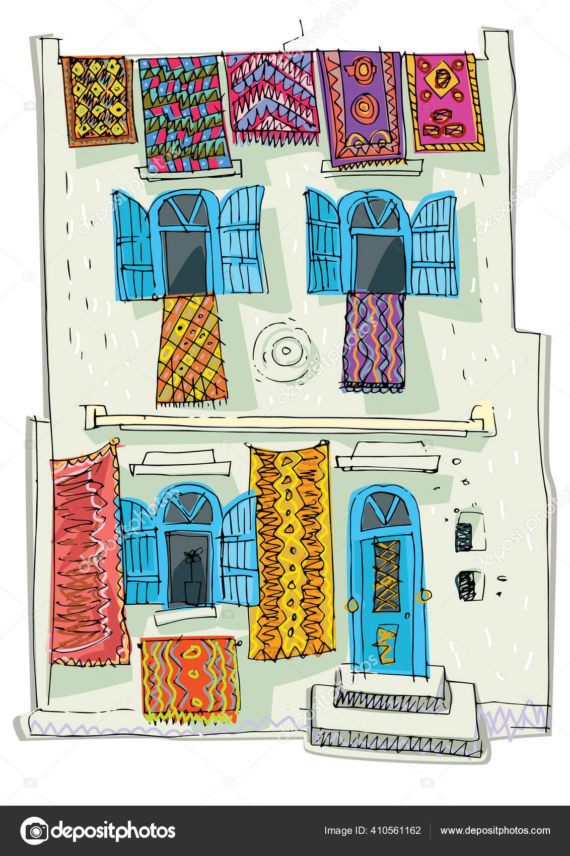 Una Fachada Casa Tradicional Marroquí Vintage Decorada Con Alfombras Orientales Vector de stock ...