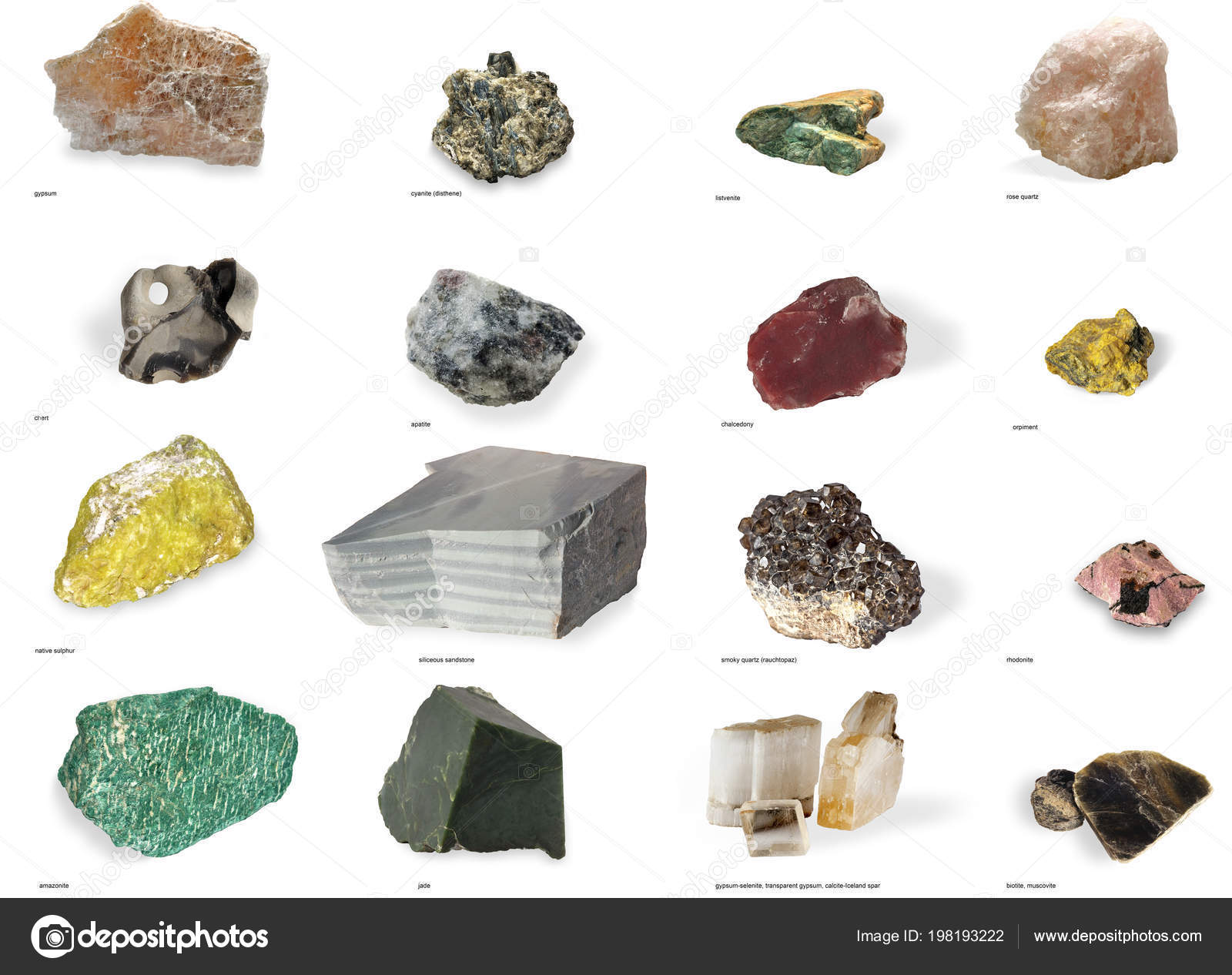 Set from raw minerals and ores with names isolated on white background ...