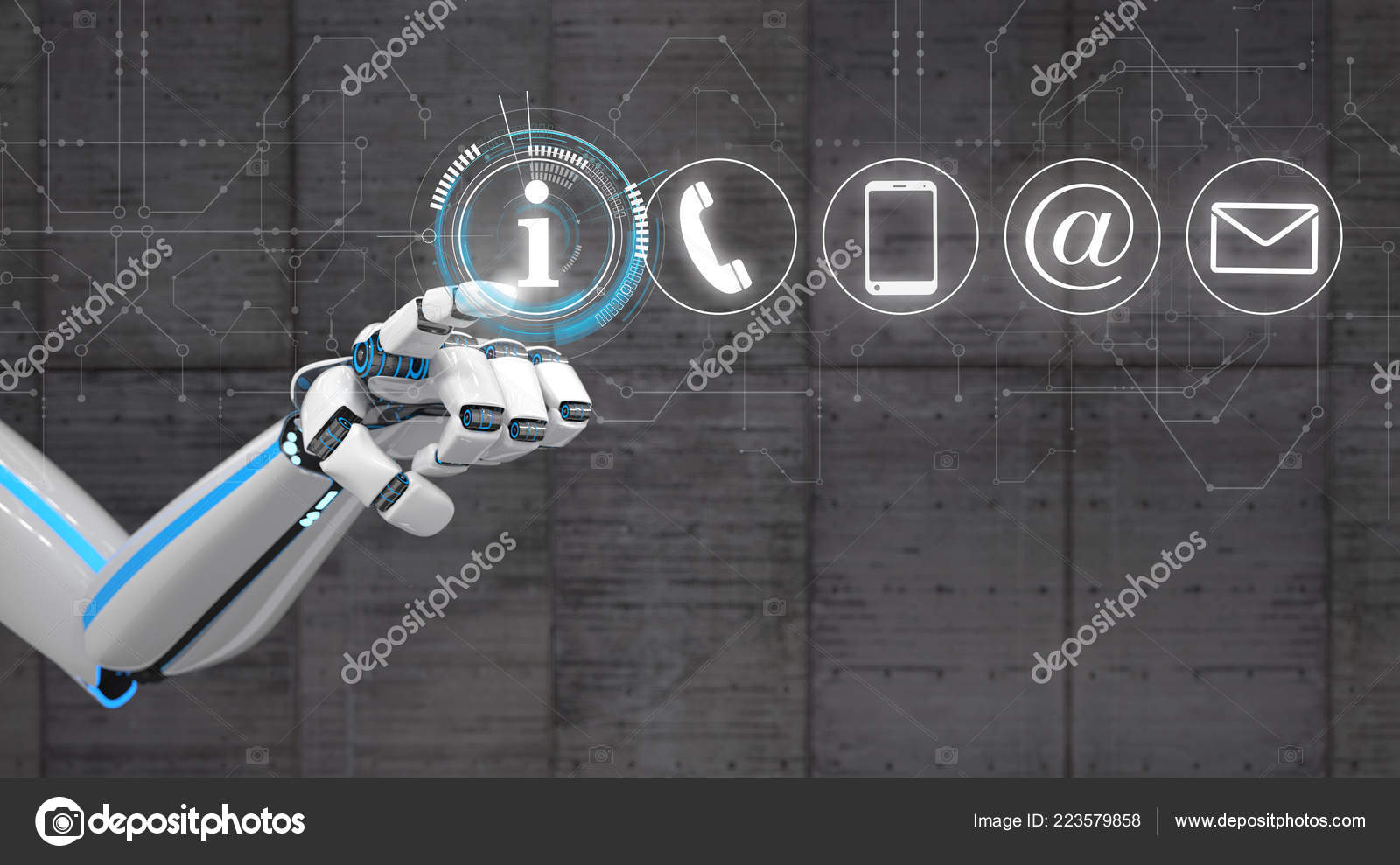 White Robot Hand Clicks Display Contact Icons Illustration Stock Photo ...