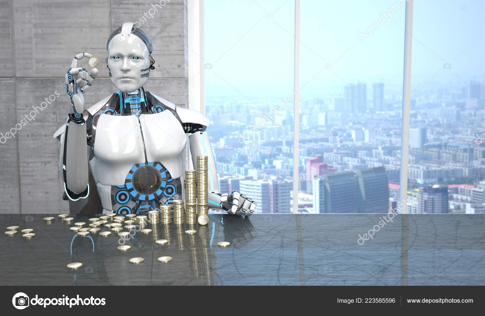 Robot Humanoide Con Monedas Euro Sobre Mesa Ilustración — Foto de stock ...