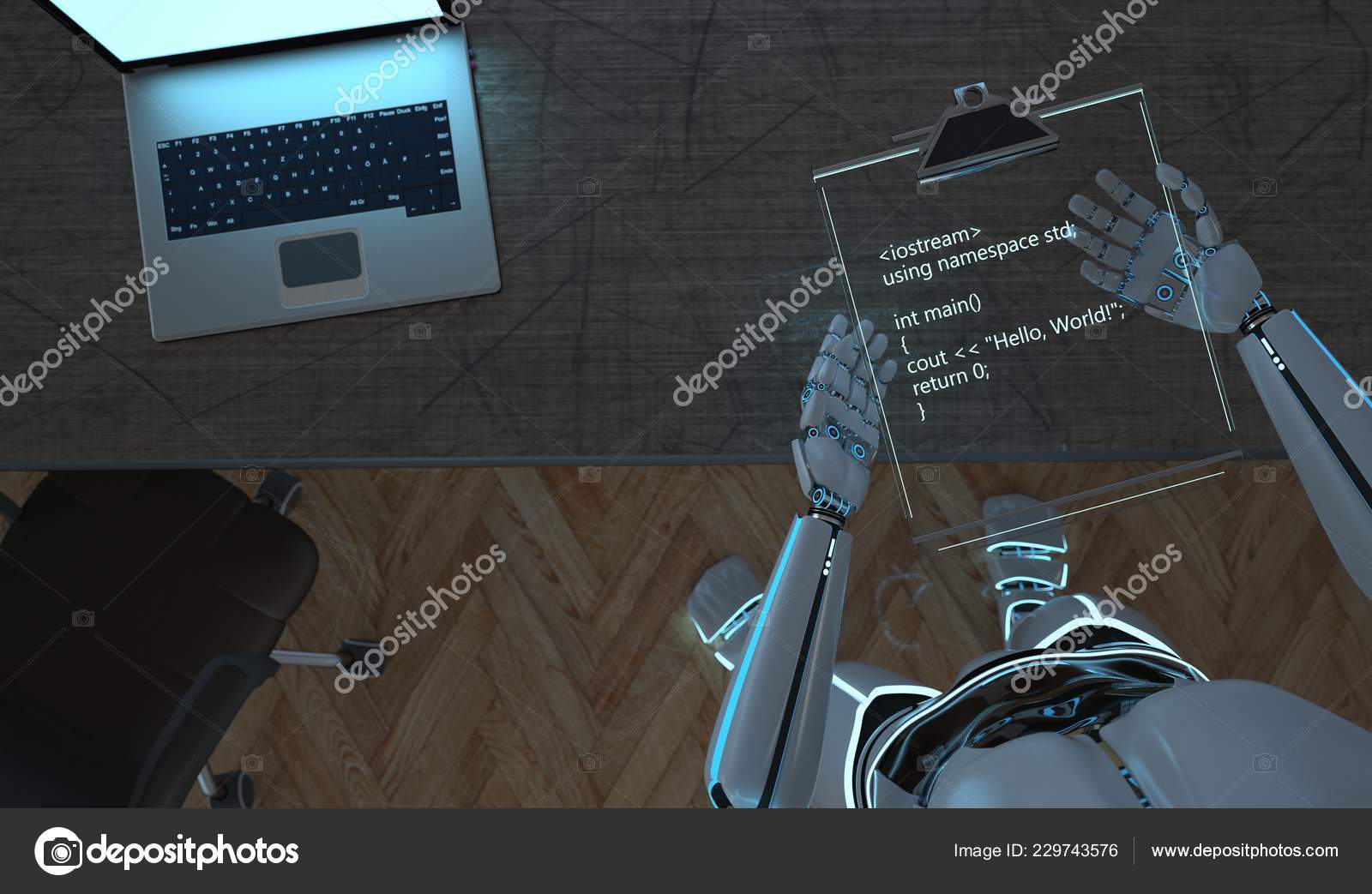 Humanoid Robot Clipboard Code Display Hello World Illustration — Stock ...