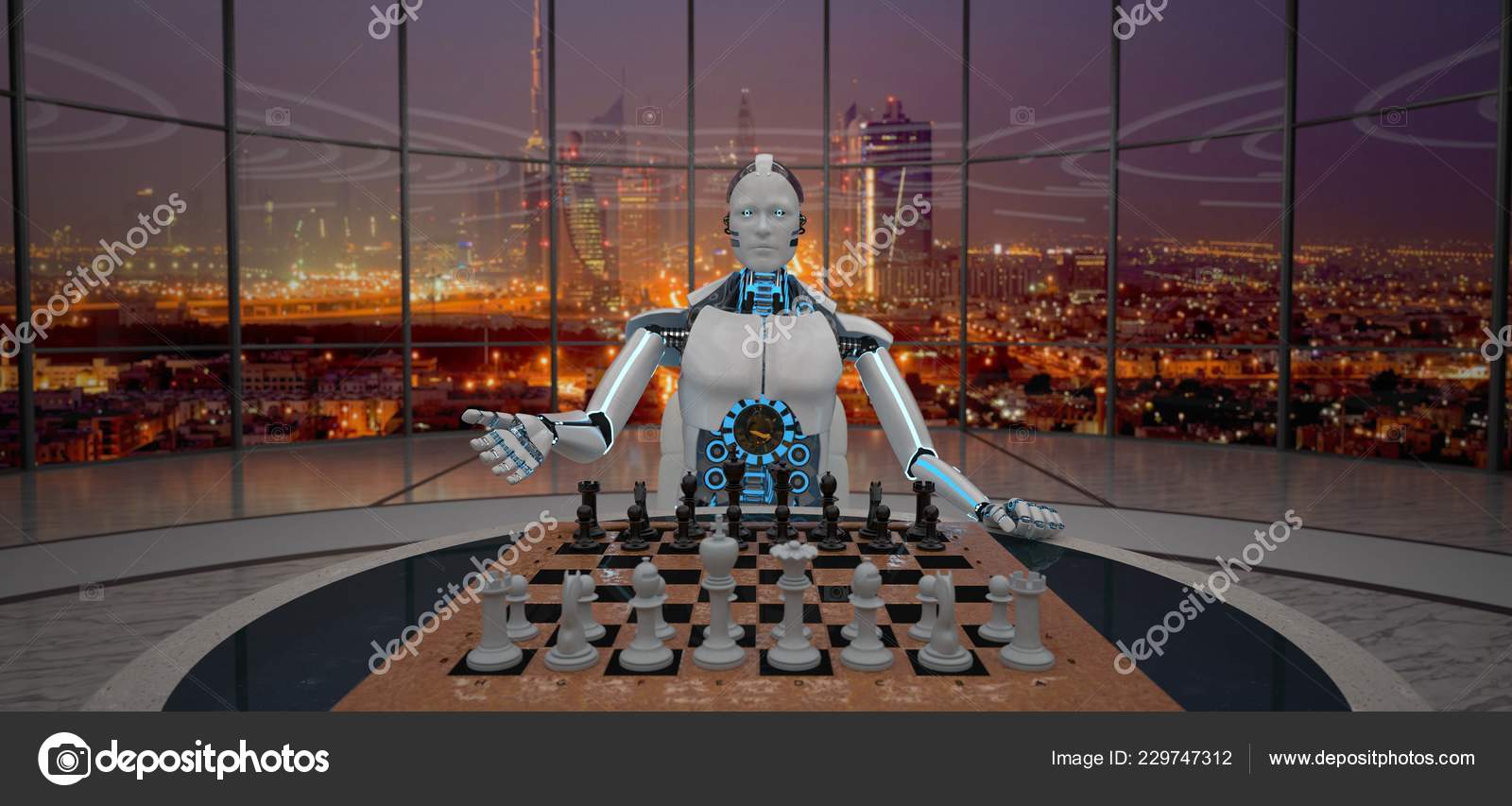 White Humanoid Robot Chessboard Table Sitting Modern Room Illustration ...