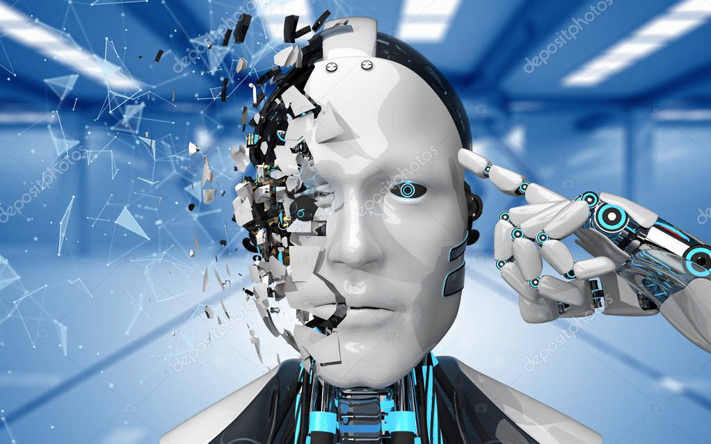 Un robot pensante con la cabeza fragmentada en una habitación futurista ...