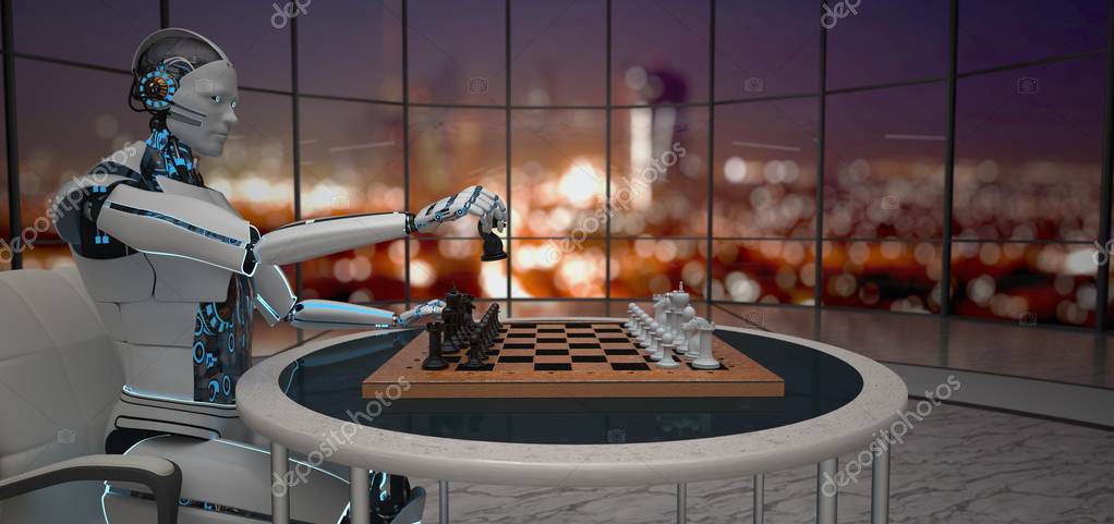 Robot humanoide blanco con tablero de ajedrez en la mesa sentado en la ...