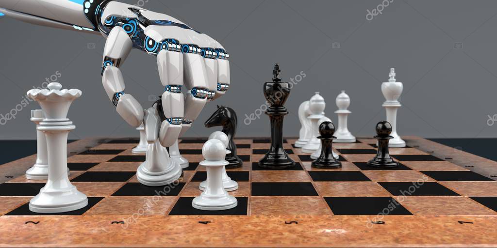 Mano blanca del robot humanoide con tablero de ajedrez en la mesa ...