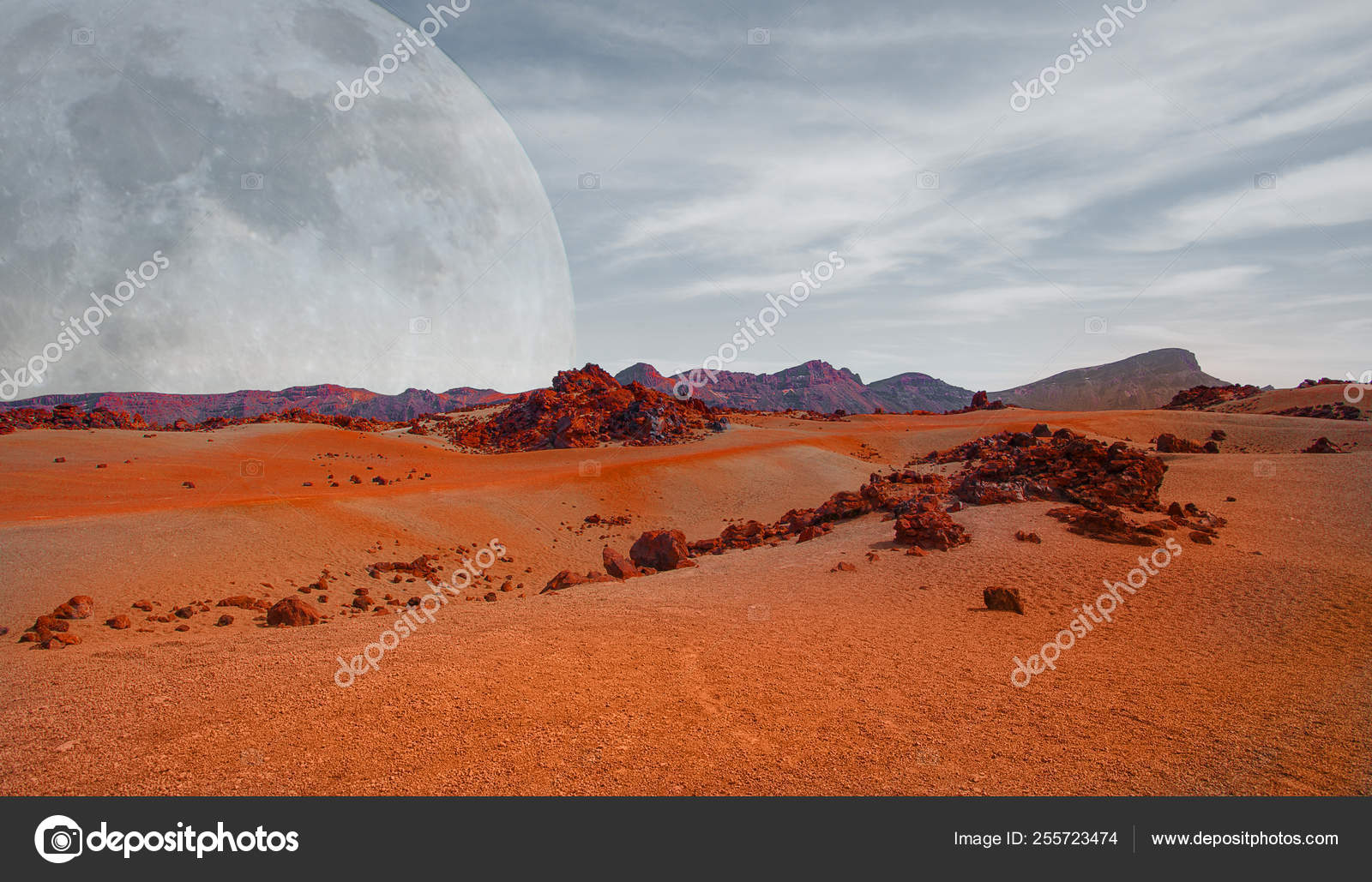 Red planet with arid landscape, rocky hills and mountains Stock Photo ...