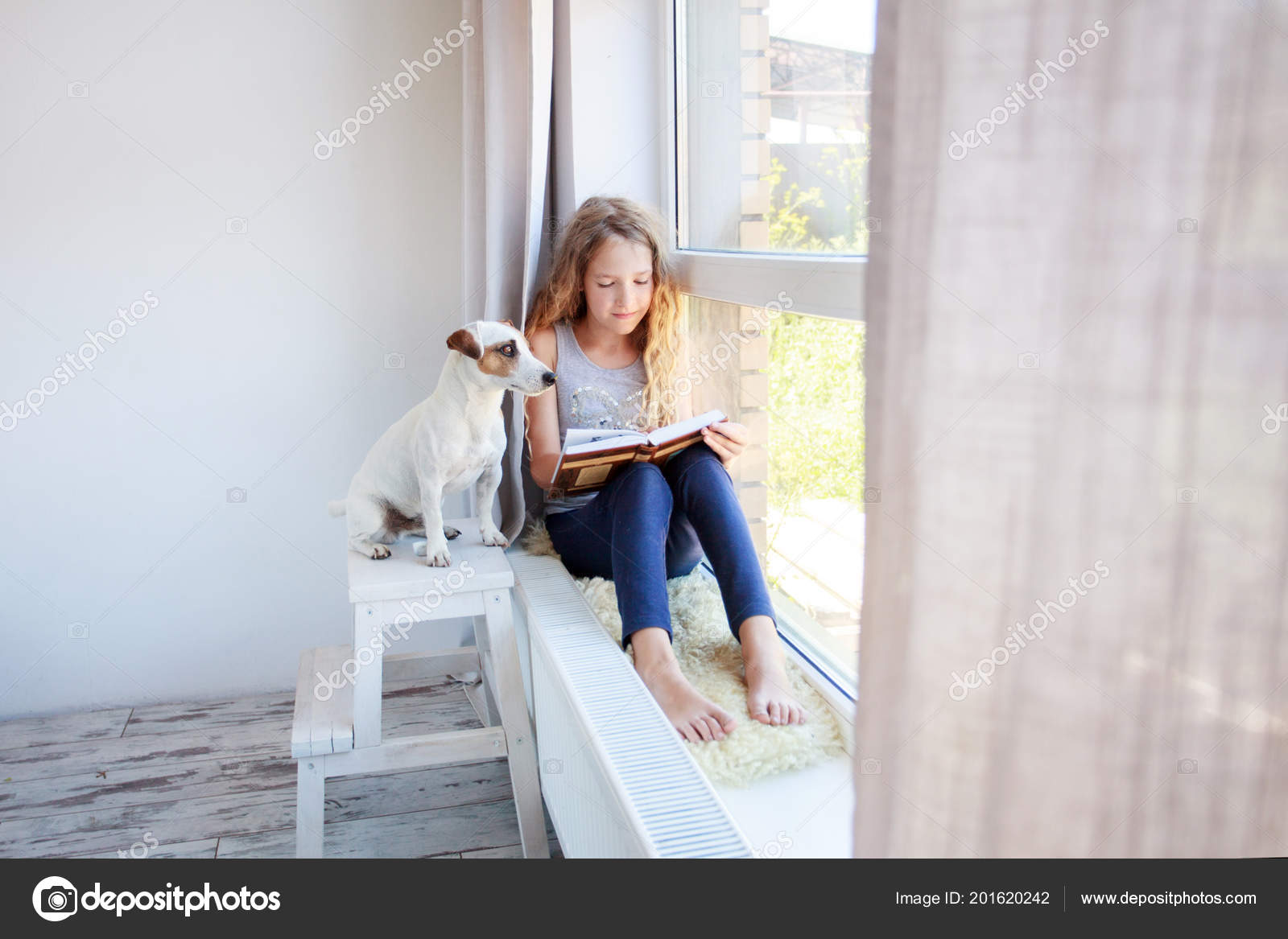 Child Reading Book Home Girl Sitting Window Read Stock Photo by ...