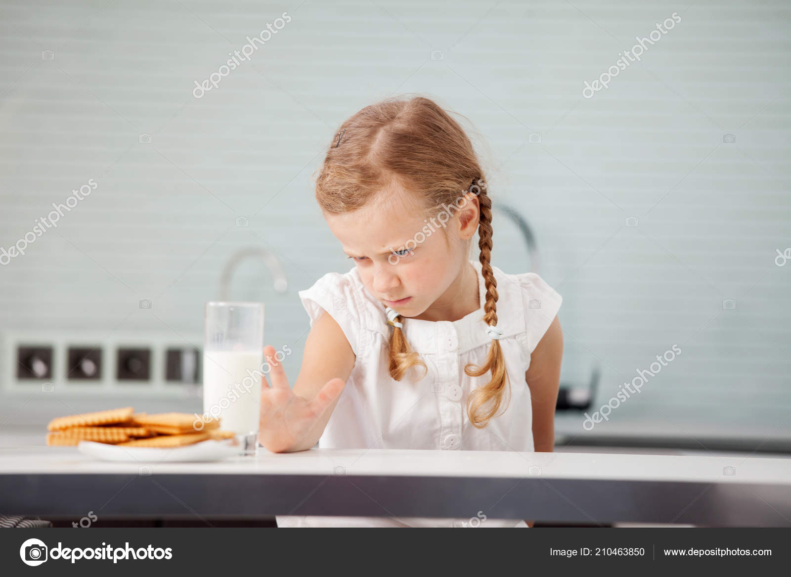 Child Looks Disgust Food Poor Appetite Little Girl Does Milk Stock ...