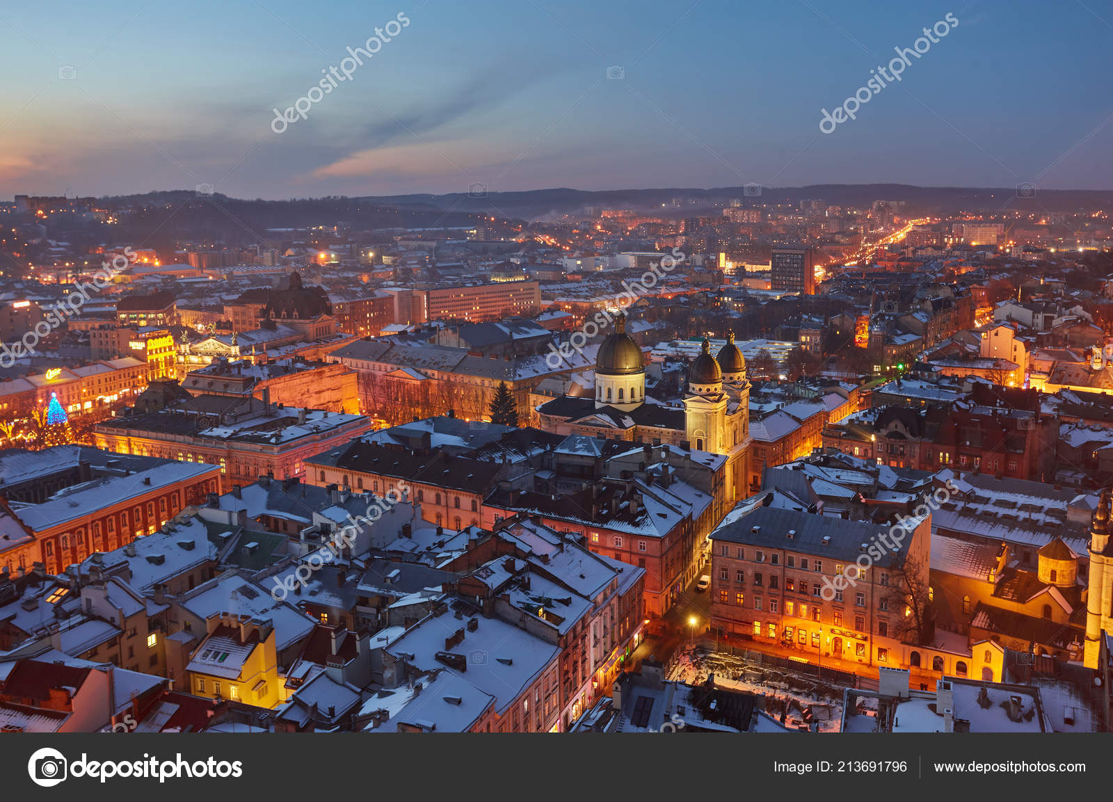 Winter View Downtown Lviv Ukraine Old Buildings Roofs Covered Snow ...