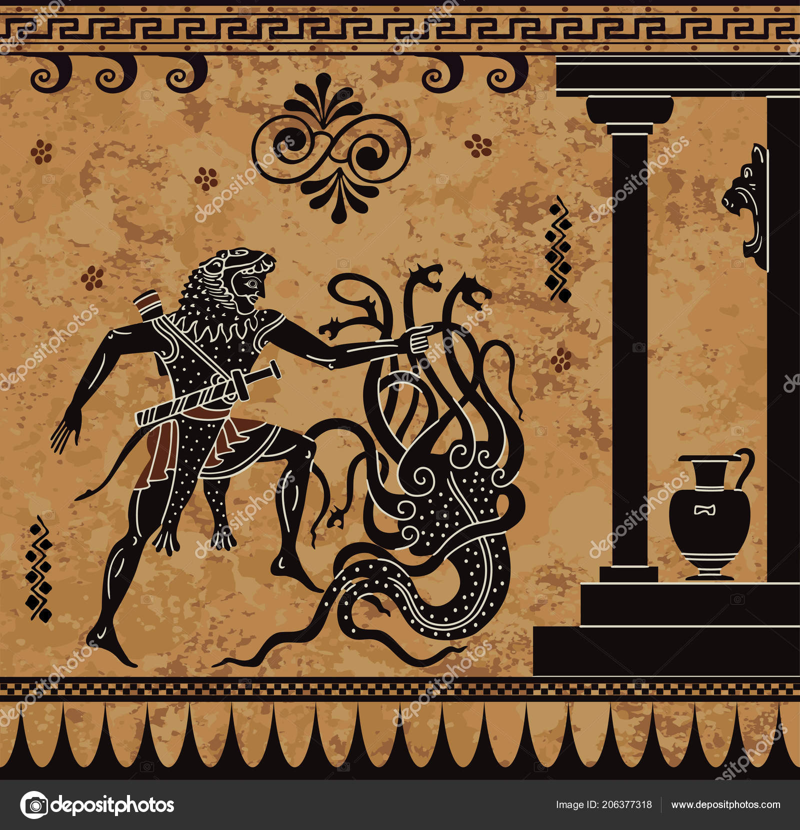 Anciet Greek Myth Black Figure Pottery Hercules Heroic Deed Ancient ...