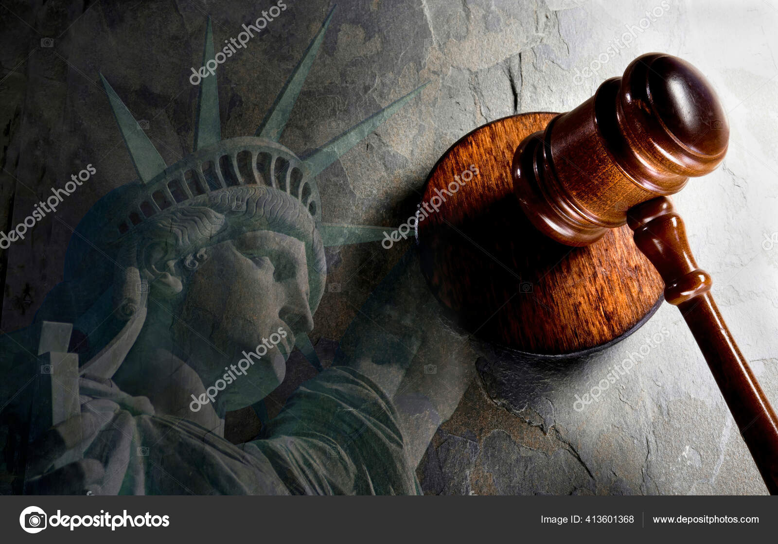 Justice Wooden Gavel Statue Liberty — Stock Photo © mj0007 #413601368