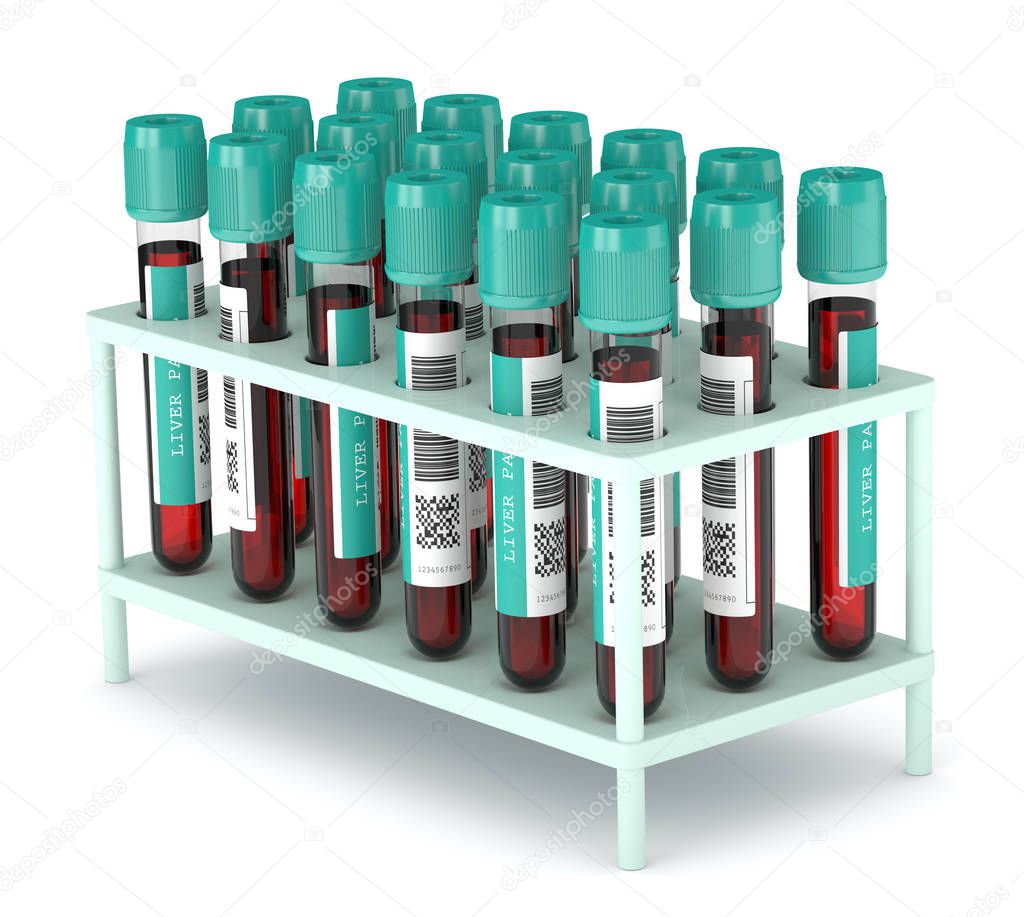 3d renderizado de los tubos de análisis de sangre del panel hepático en ... 3d renderizado de los tubos de análisis de sangre del panel hepático en ...