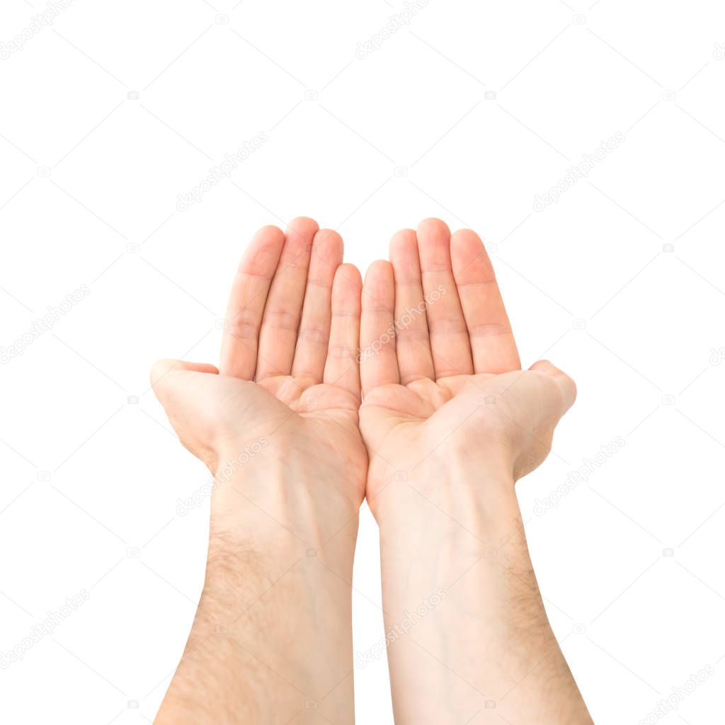 Dos manos abiertas dando algo aislado sobre fondo blanco 2023