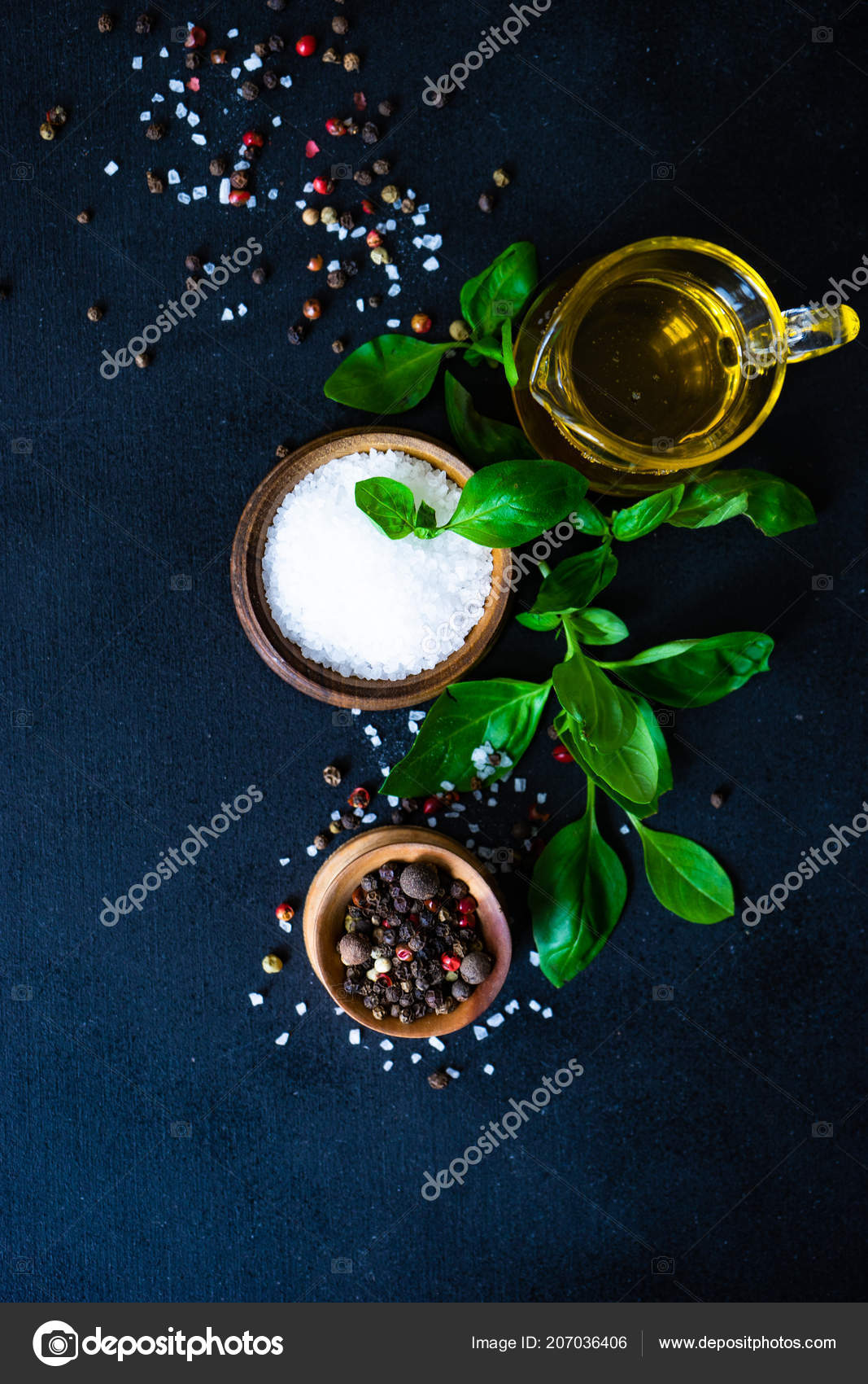 Cooking Concept Spices Oil Basil Herb Dark Background Copy Space Stock ...