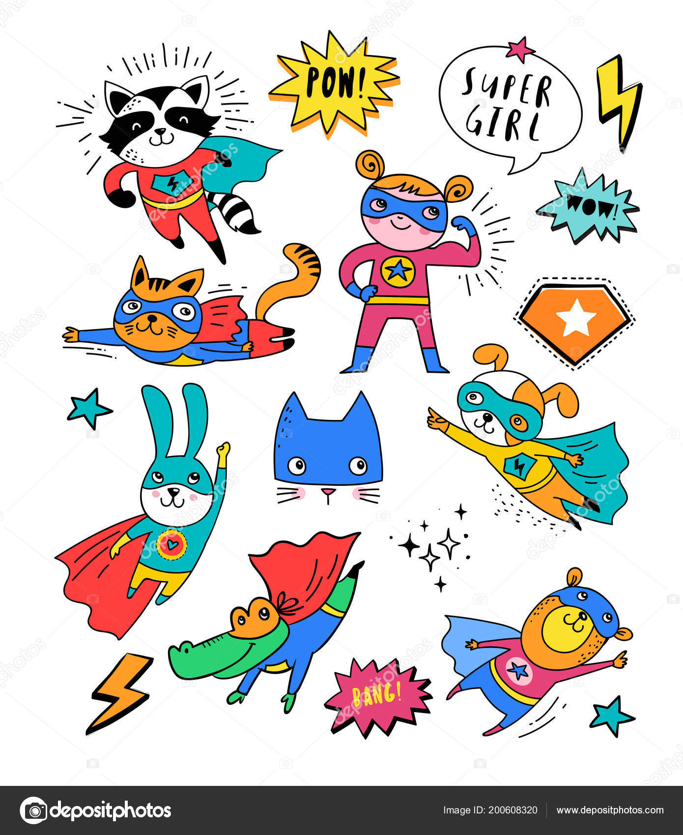 Superhero cute hand drawn animals, vector characters Stock Illustration ...