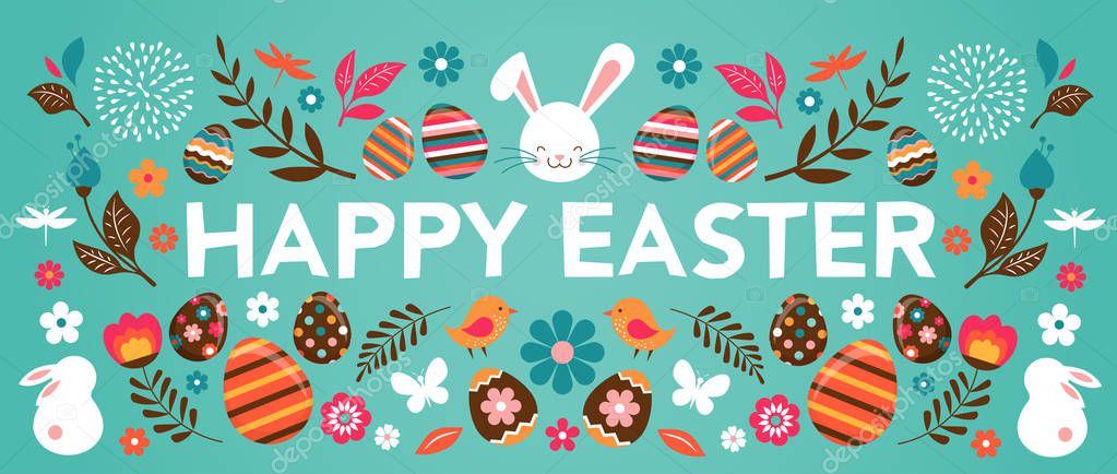 Feliz Pascua, bandera vectorial con flores, huevos y conejos 2024