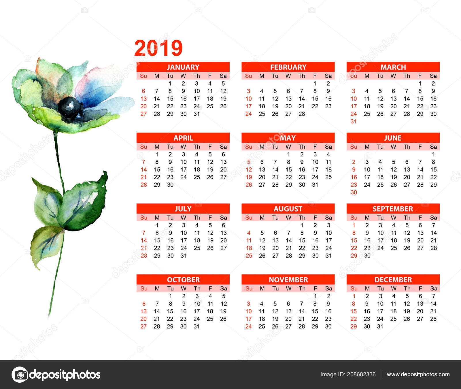 Template Calendar 2019 Gerber Flowers Watercolor Illustratio Stock ...