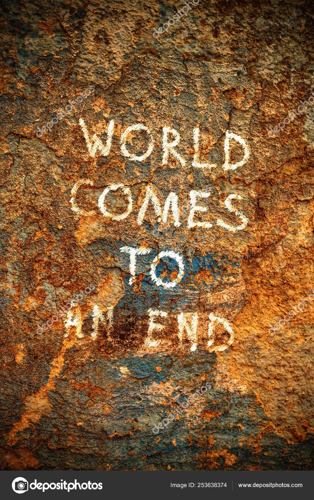 Grunge wall texture background with words World Comes to an End Stock ...
