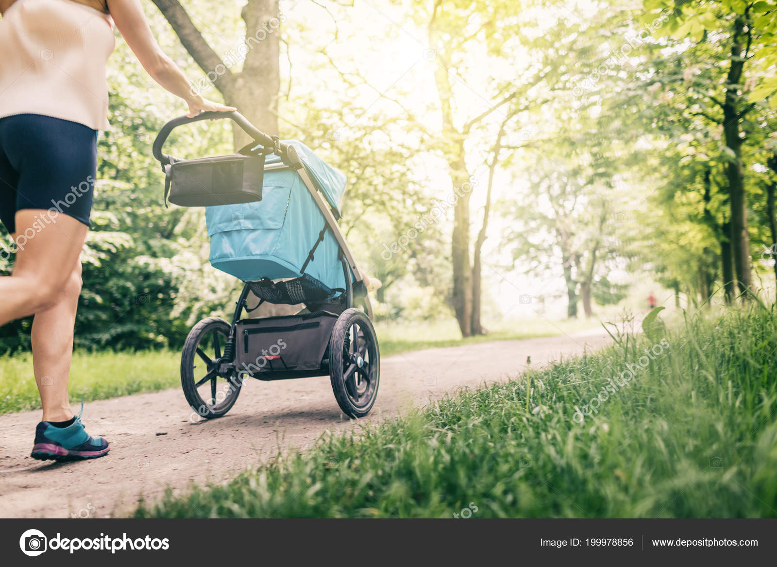 Running Woman Baby Stroller Enjoying Summer Day Park Jogging Power ...