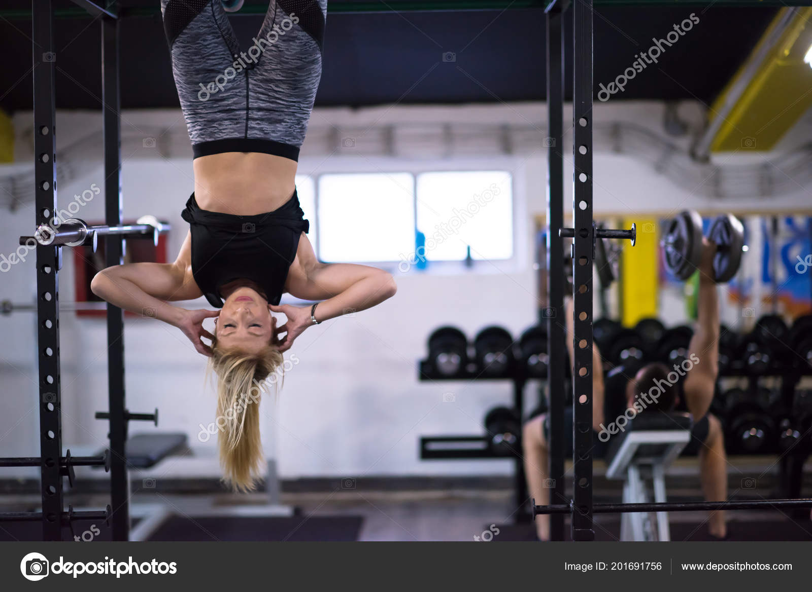 Athlete Woman Doing Abs Exercises Hanging Upside Horizontal Bar Cross ...