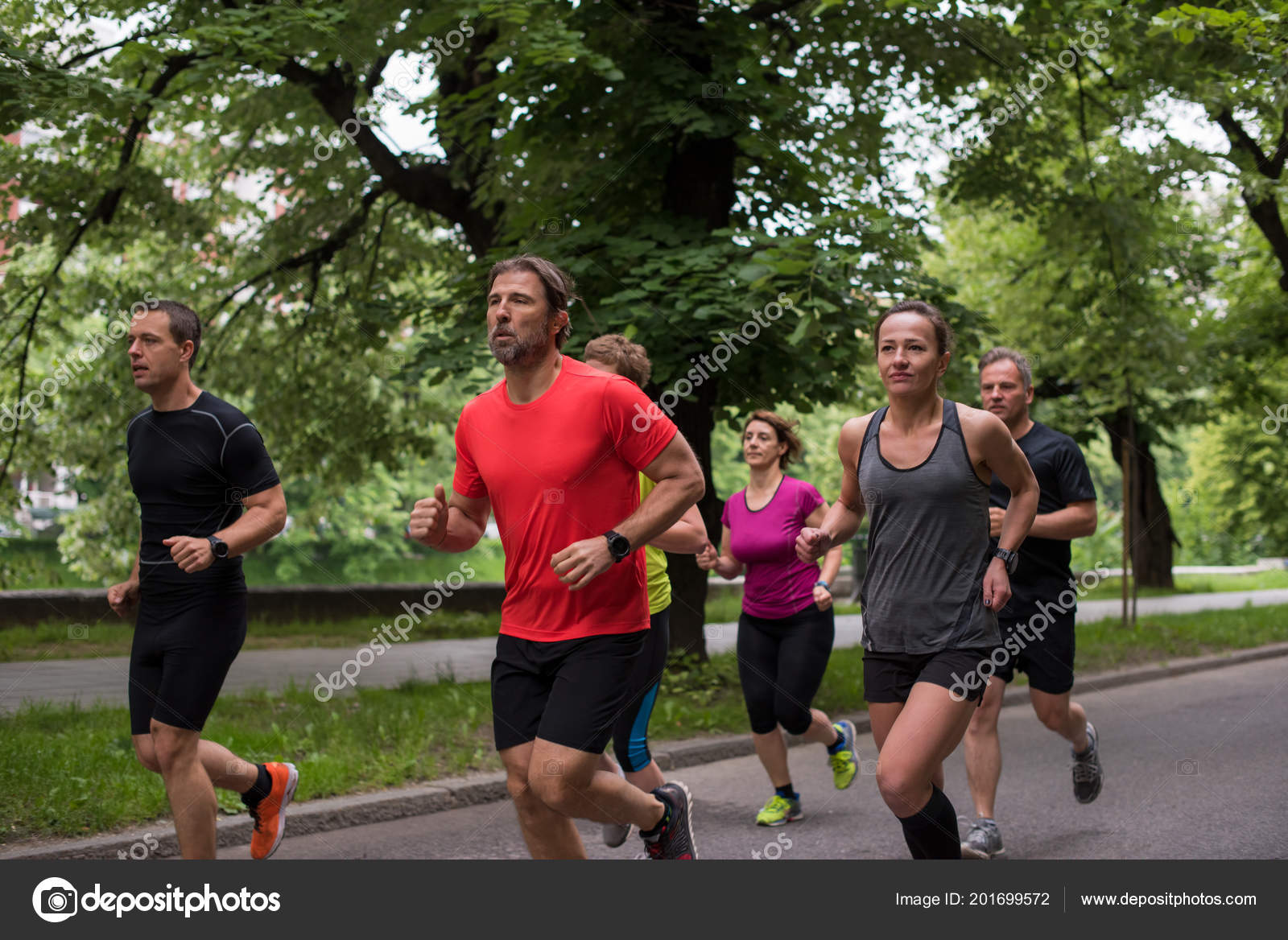 Group Healthy People Jogging City Park Runners Team Morning Training ...