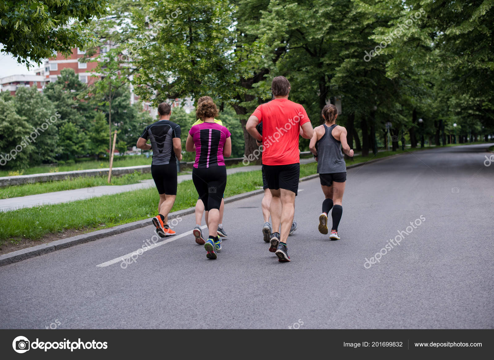 Group Healthy People Jogging City Park Runners Team Morning Training ...