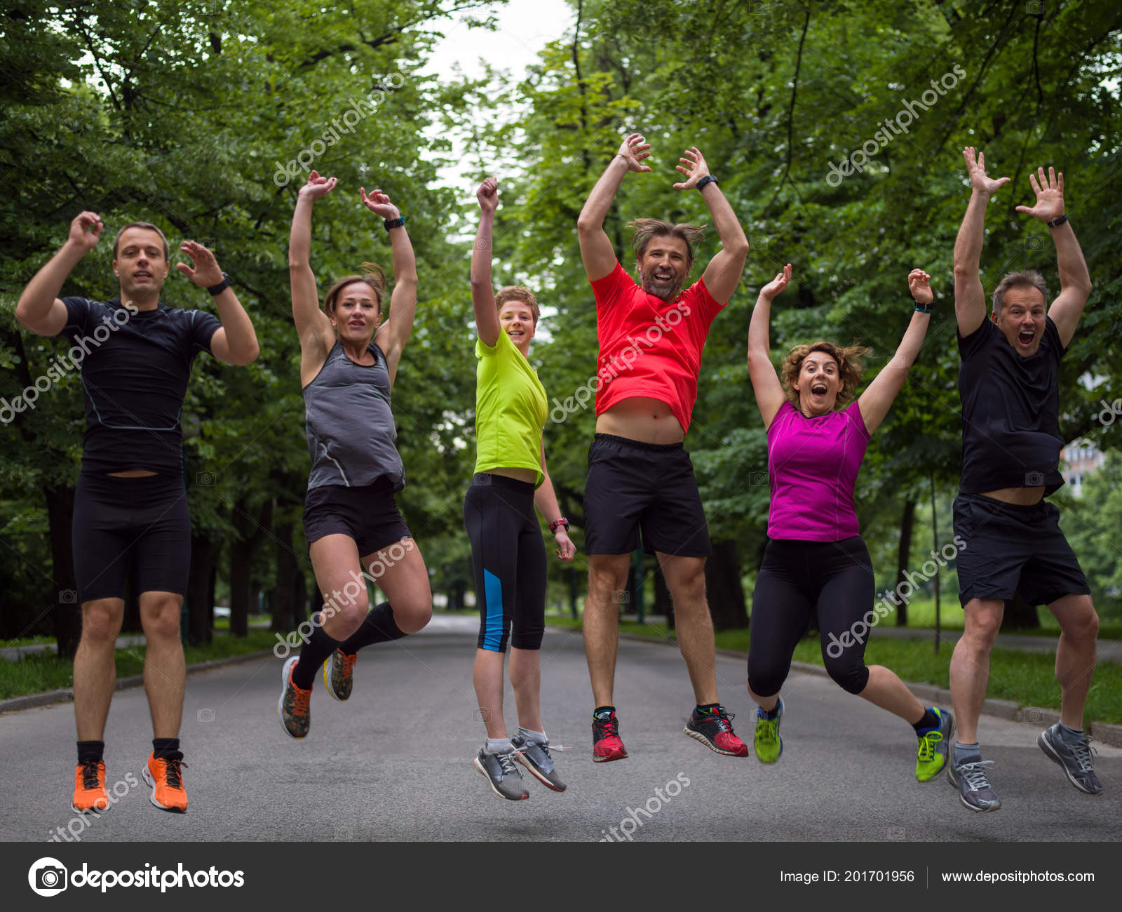 Group Healthy Runners Team Jumping Air City Park Morning Training ...