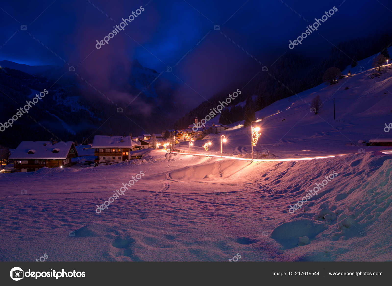 Mountain Village Alps Night Winter Fresh Snow — Stock Photo © .shock ...