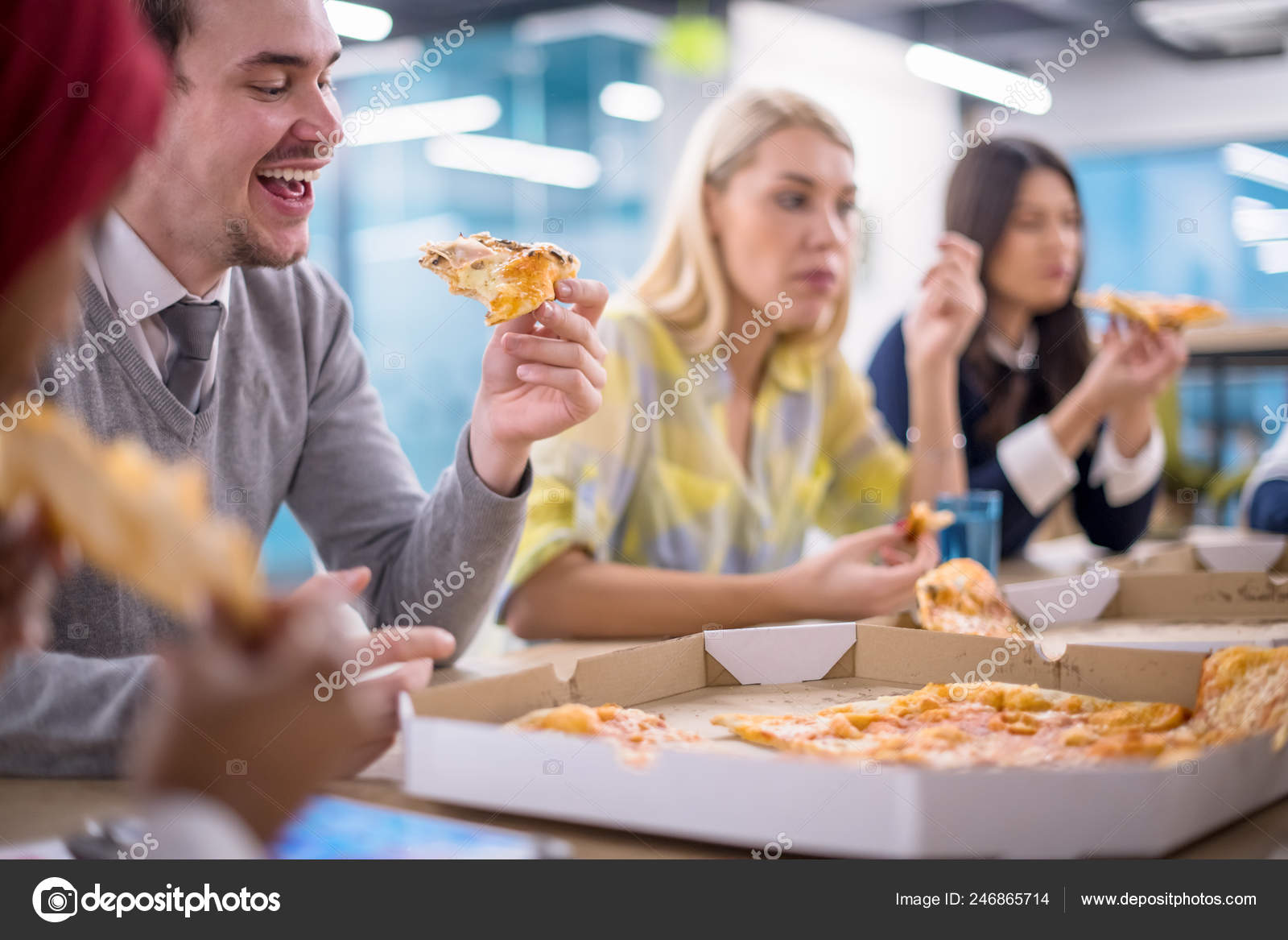Friendly Diverse Multiethnic Business Team Eating Sharing Pizza ...