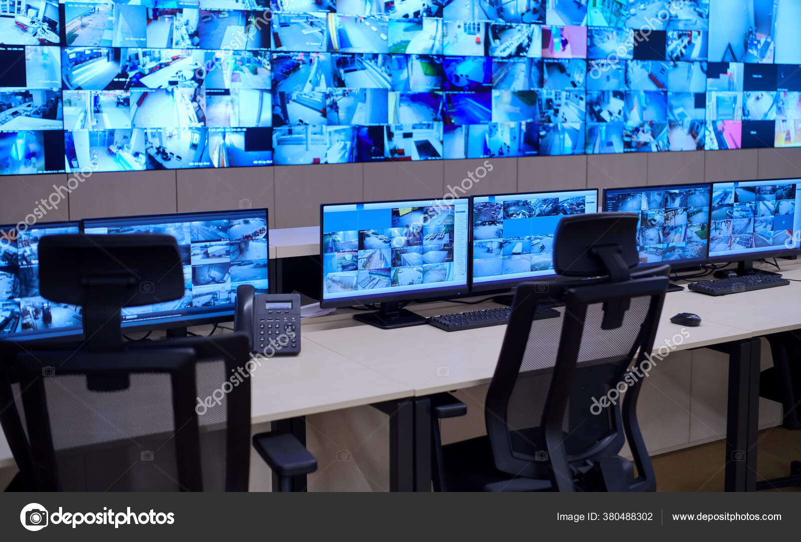 Empty Interior Big Modern Security System Control Room Workstation ...